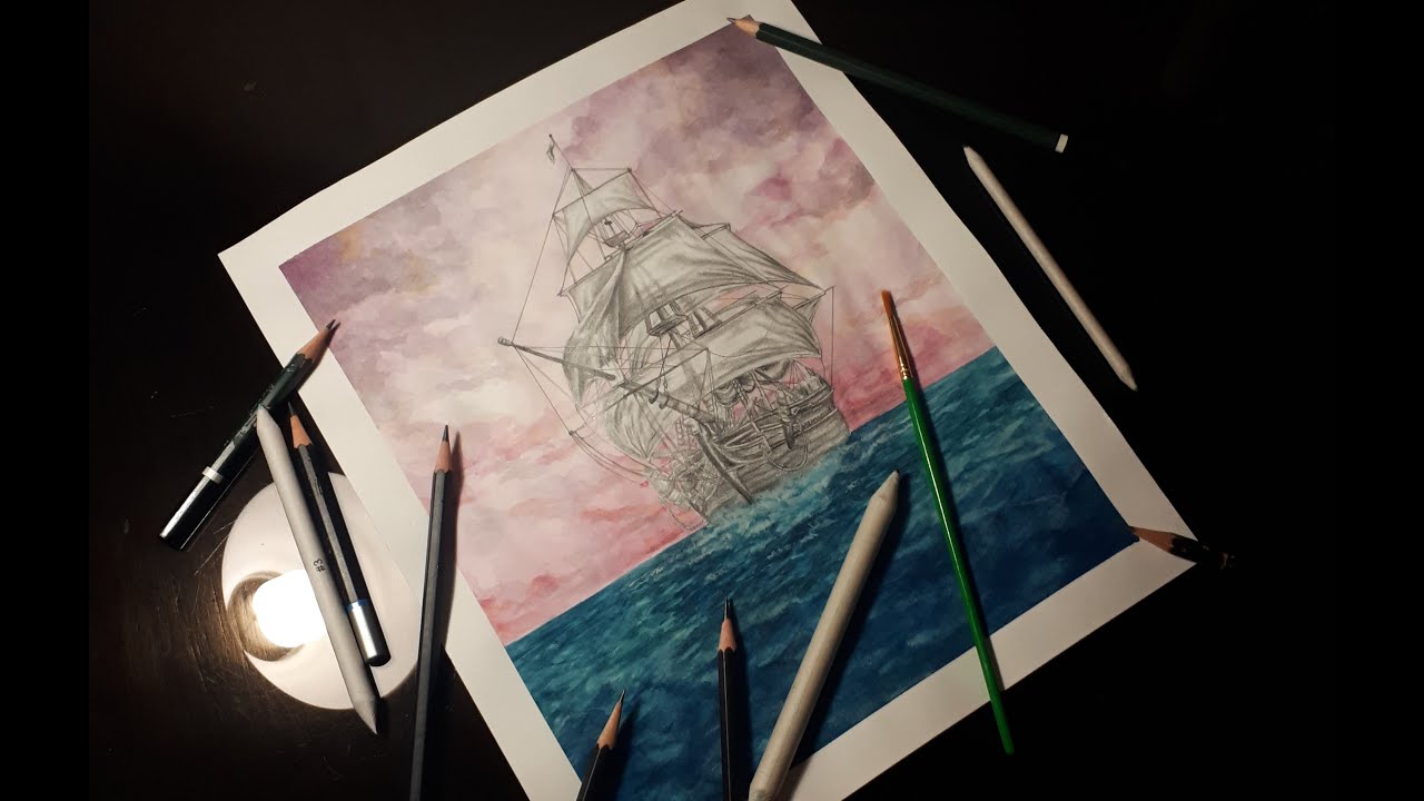 Ship on the ocean painting/drawing tutorial (watercolor/pencil) - YouTube