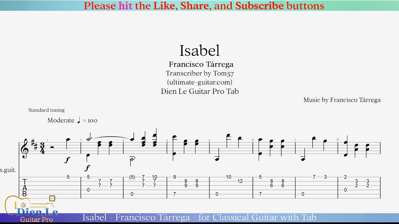 Isabel - Francisco Tárrega - for Classical Guitar with Tab - YouTube