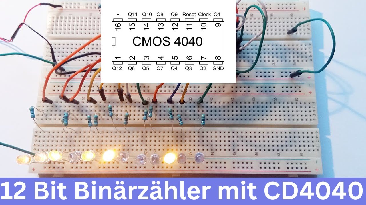 12-Bit-Binärzähler mit CD4040 und LEDs auf Breadboard - YouTube