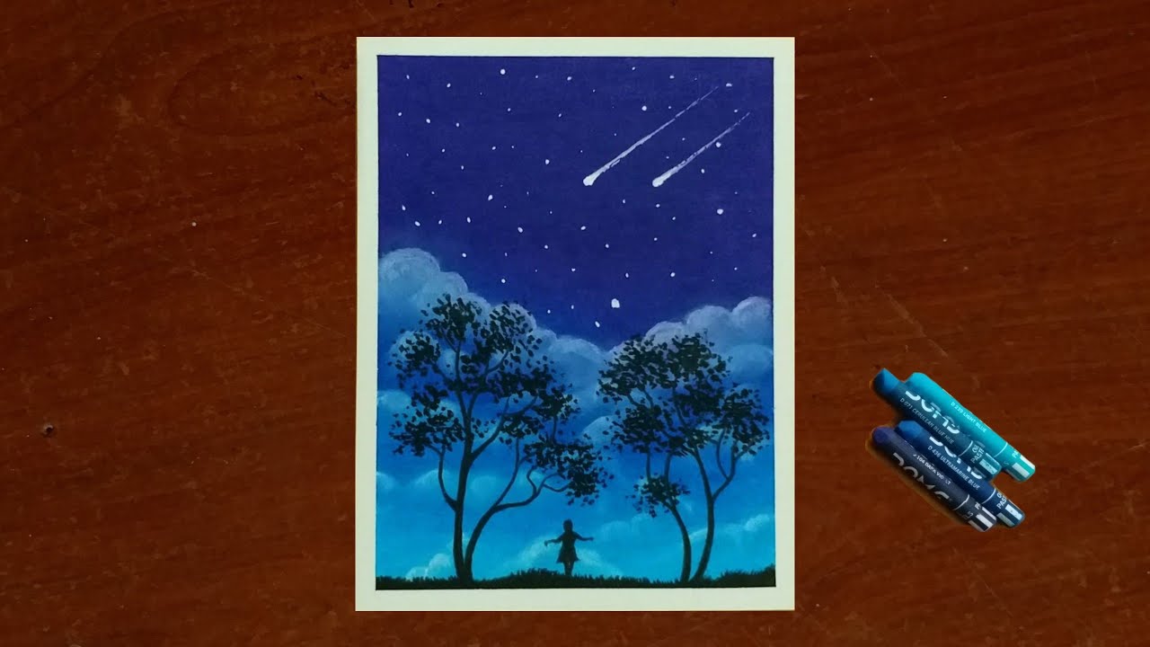 Beautiful moonlight scenery drawing with oil pastels | A girl in ...