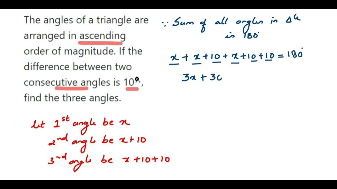 The angles of a triangle are arranged in ascending order of magnitude. If the difference between ...