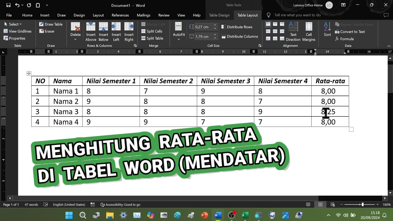 Cara Menghitung Nilai Rata-rata di Tabel Microsoft Word (Data Mendatar ...