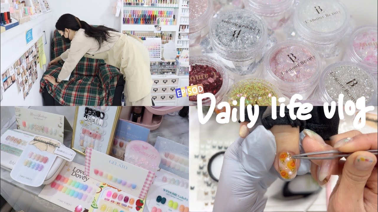 Sub Vlog 벚꽃엔딩말고 코티지엔딩🌸 이번주 핫했던 컬러 라모르무드 글리터 디젤 시그니처 라인 핸드페인팅st 플라워네일 이달의 아트 시술 네일샵 브이로그