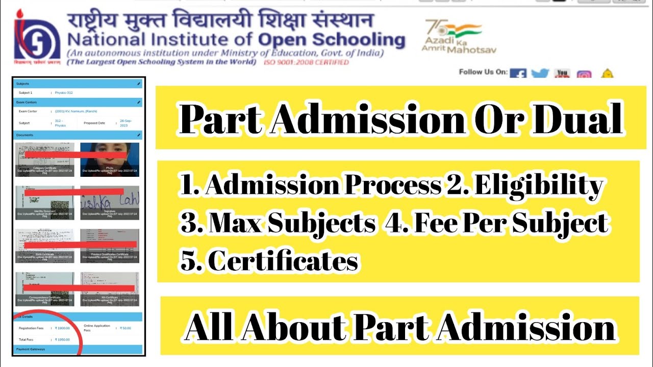 Nios Part Admission Or Dual Enrollment Eligibility Fee Maximum Subjects ...
