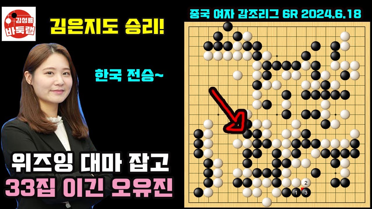 위즈잉 대마 잡고 33집 이긴 오유진~김은지도 통쾌한 승리 2024 중국 여자 갑조리그 6r 오유진 Vs 위즈잉 김은지 Vs 왕위보 김성룡바둑랩 김은지 오유진