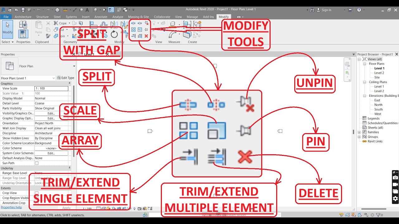 Revit Modify Tools Split Array Scale Trimextend Pin Unpin Delete Youtube