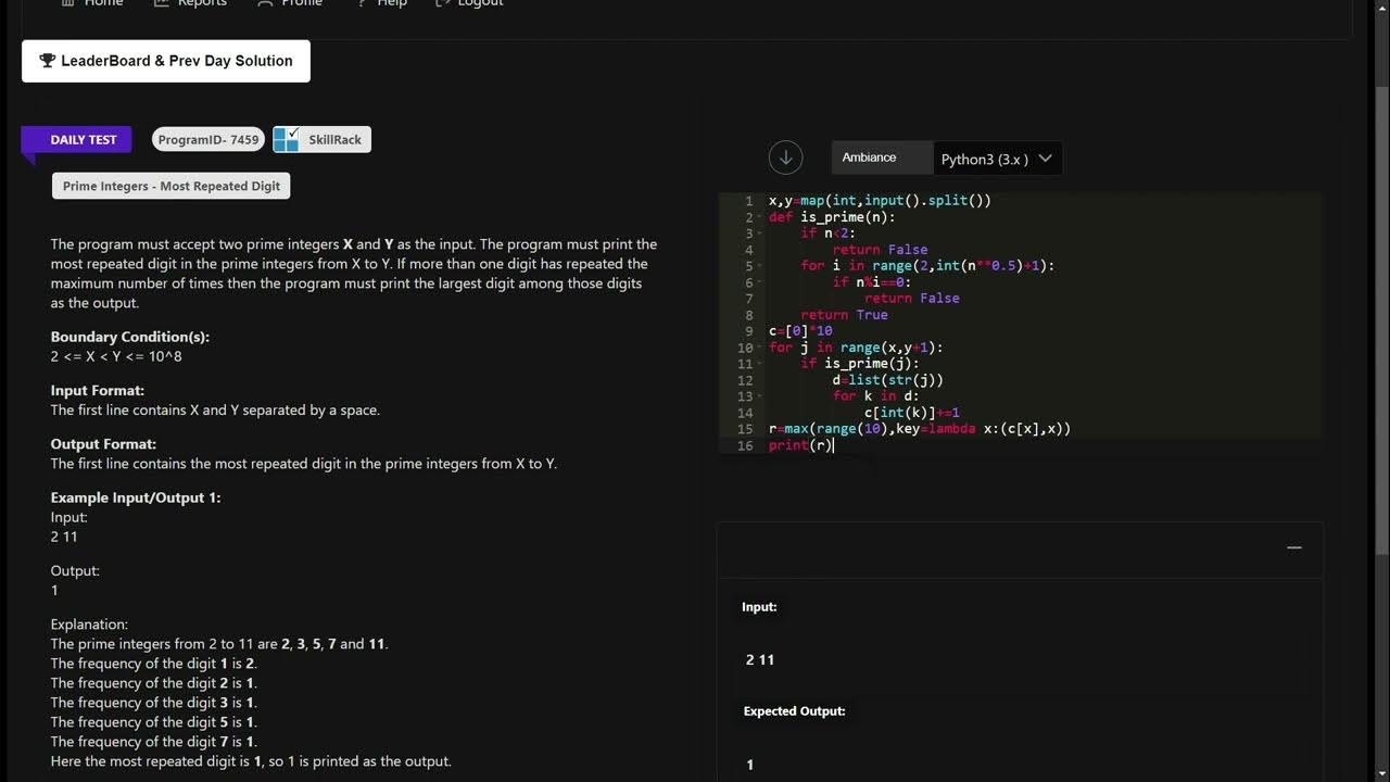 Skillrack Daily Test 11012024 Prime Integers Most Repeated Digits Program Id Python