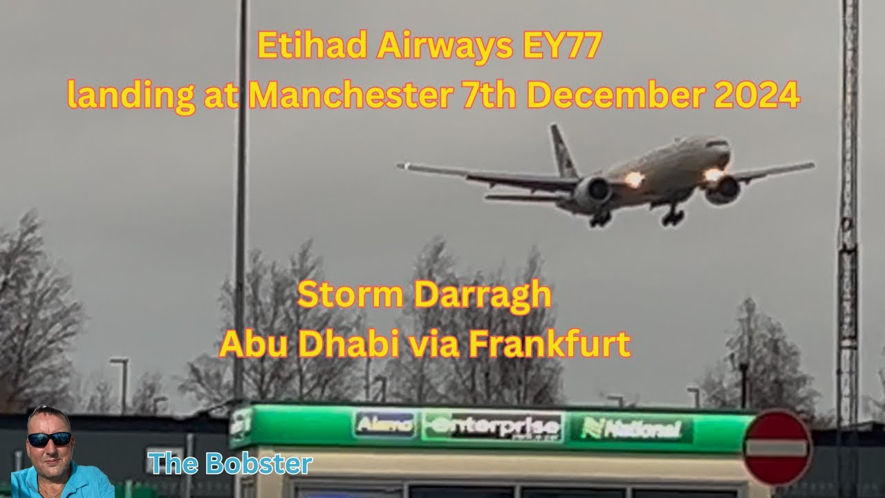 Etihad Airways EY77 landing at Manchester via Frankfurt. Storm Darragh ...