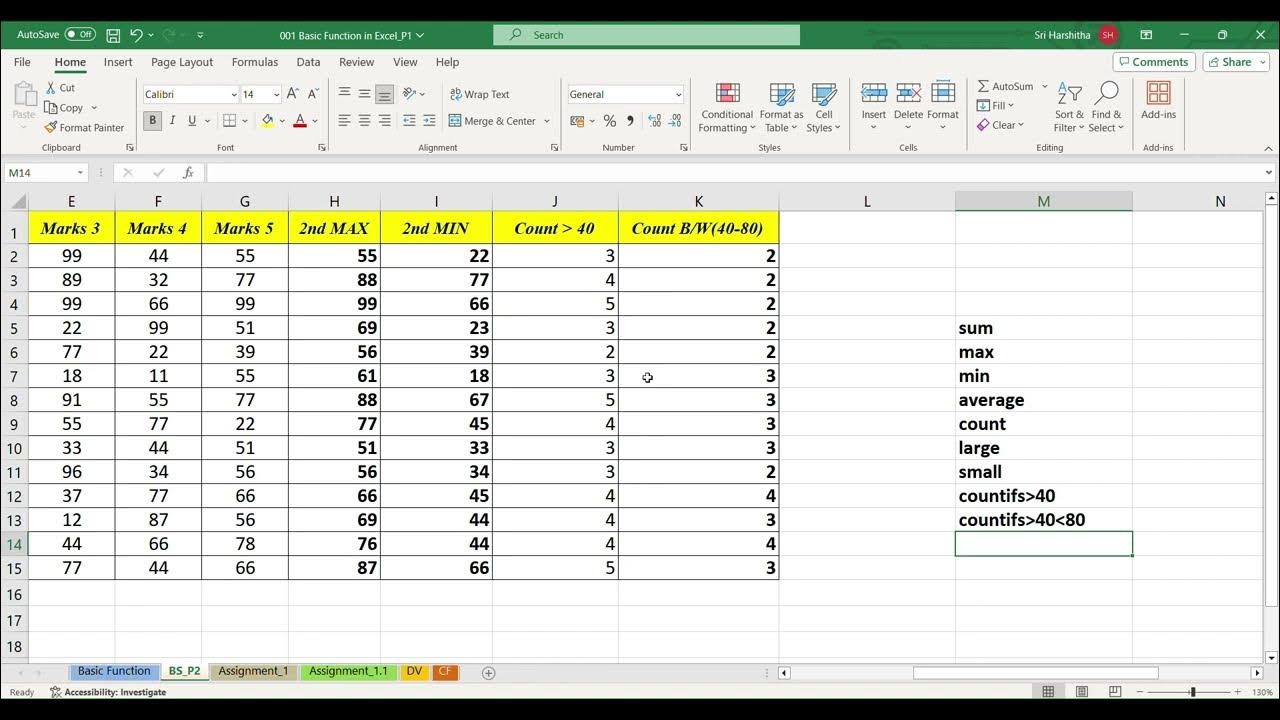 Excel Tutorial Day 2 - Sum, Max, Min, Avg, Count, Large, Small, Countifs - YouTube