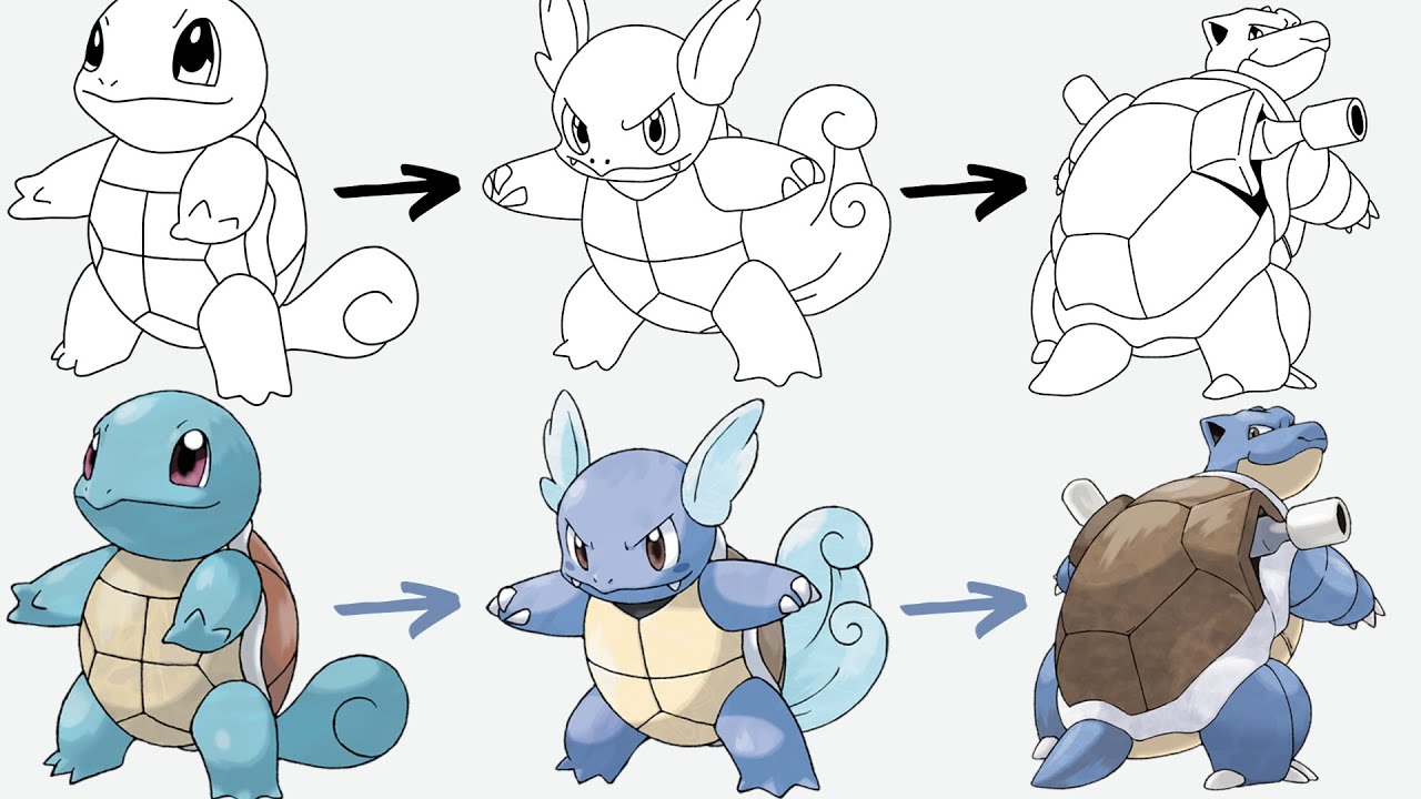 How To Draw SQUIRTLE WARTORTLE BLASTOISE POKEMON | Pokemon evolution - YouTube