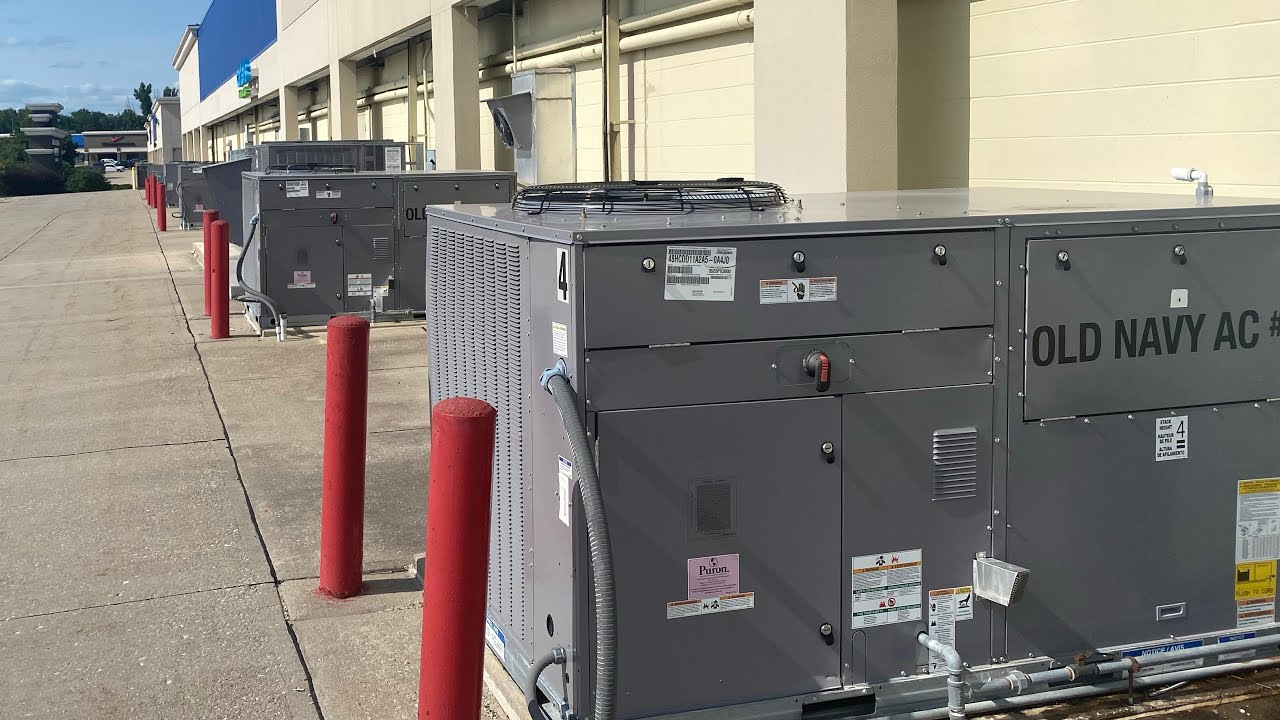 Lots of commercial packaged RTU air conditioners at an outlet mall in ...