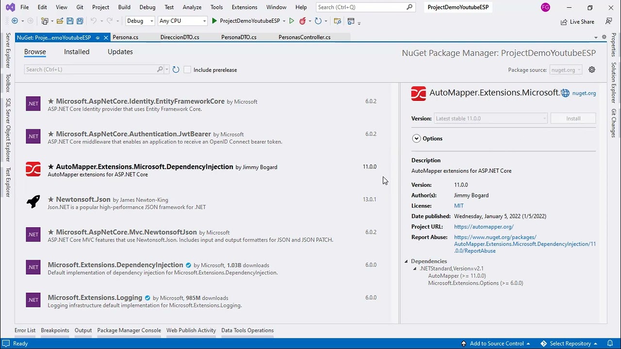 Utilizando Projectto Instalando Automapper Entity Framework Core