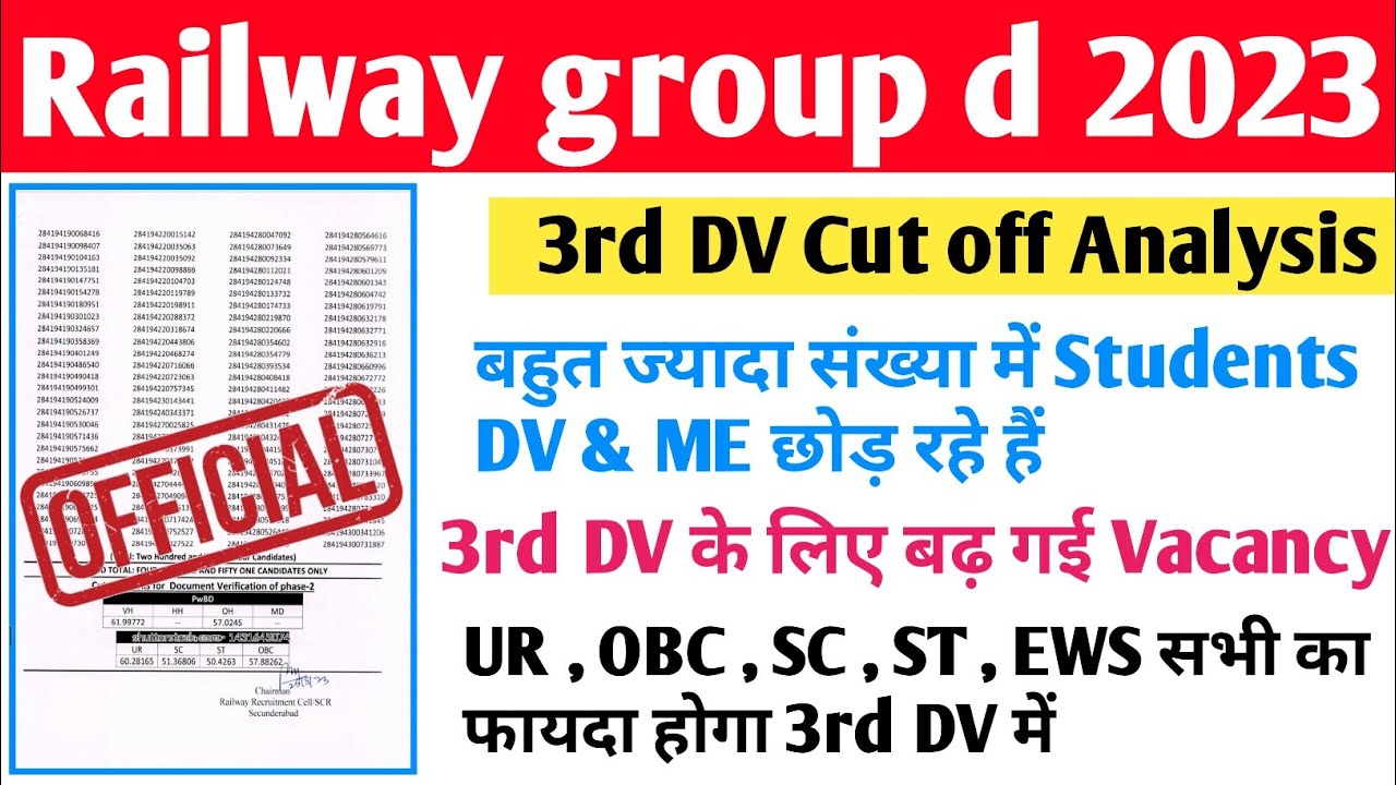 Group d 3rd DV Cut off Analysis , 800 + Vacancy पर आएगी 3rd DV, UR , OBC , SC ,ST ,EWS - YouTube
