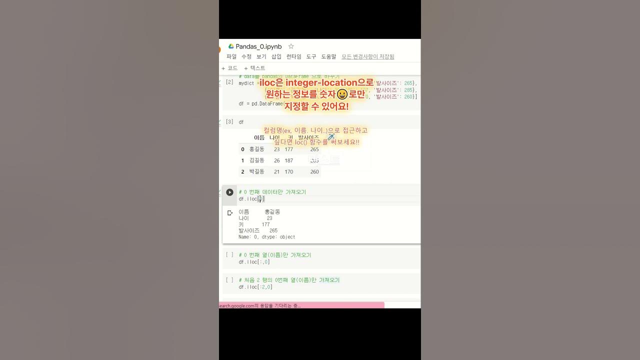 Pandas판다스 Dataframe Iloc 사용법 Python Pandas 마스터하기 코딩 마스터 Python 기초 기본 파이썬 라이브러리 Df