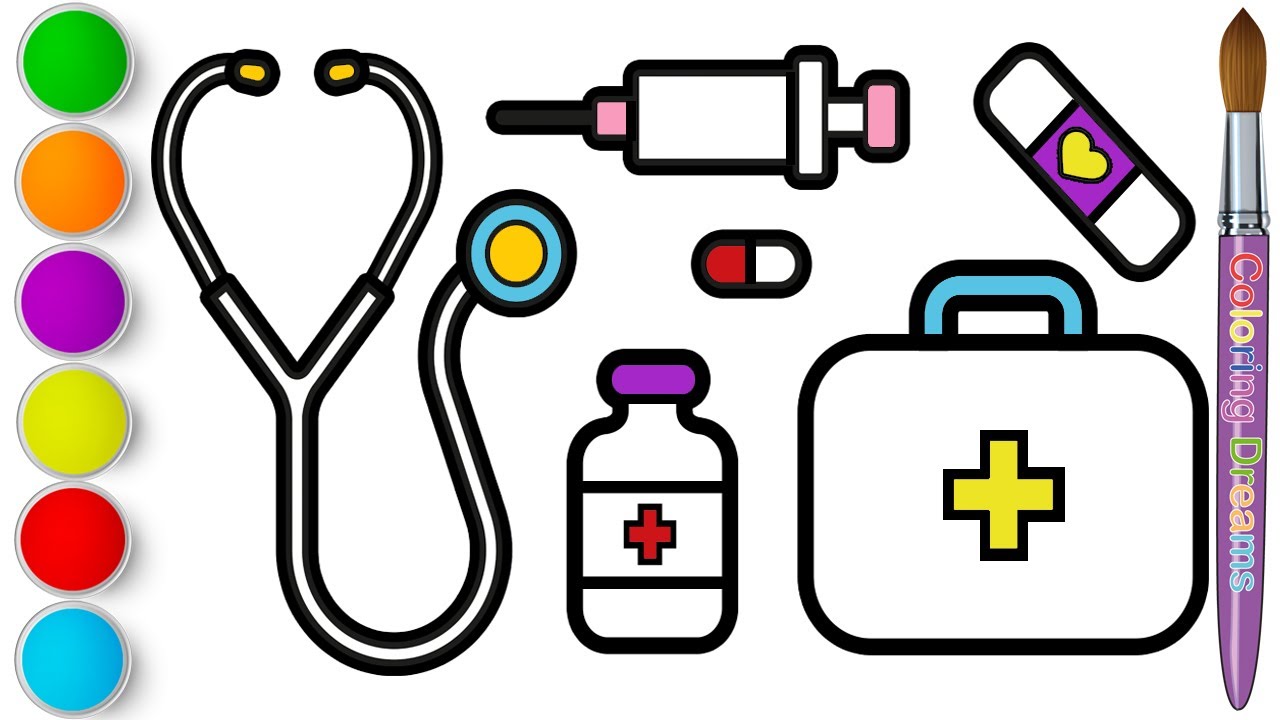 Doctor Kit Drawing and Coloring | Medical Set Painting for toddlers ...
