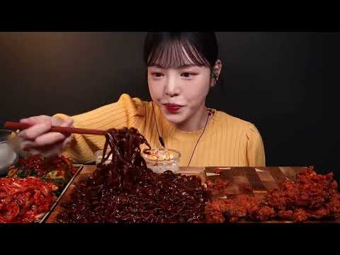 【Boki】Spicy Nashville Fried Chicken with Jajang Ramen #Mukbang #boki #jajangmyeon #Koreanmukbang