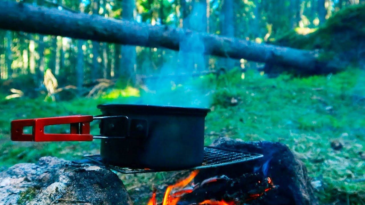 Bushcraft Camping on the Rocks in the Wild Forest,cooking on Fire ...