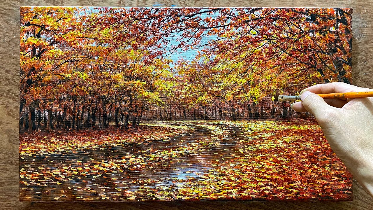 How to draw landscape painting #25 - Autumn road landscape after the ...
