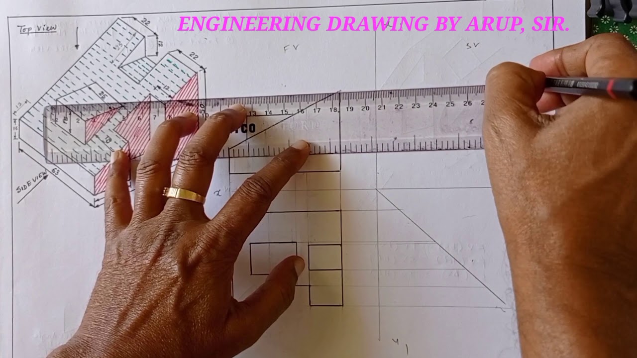 Draw Orthographic view of given Isometric view in 1st Angle Projection ...