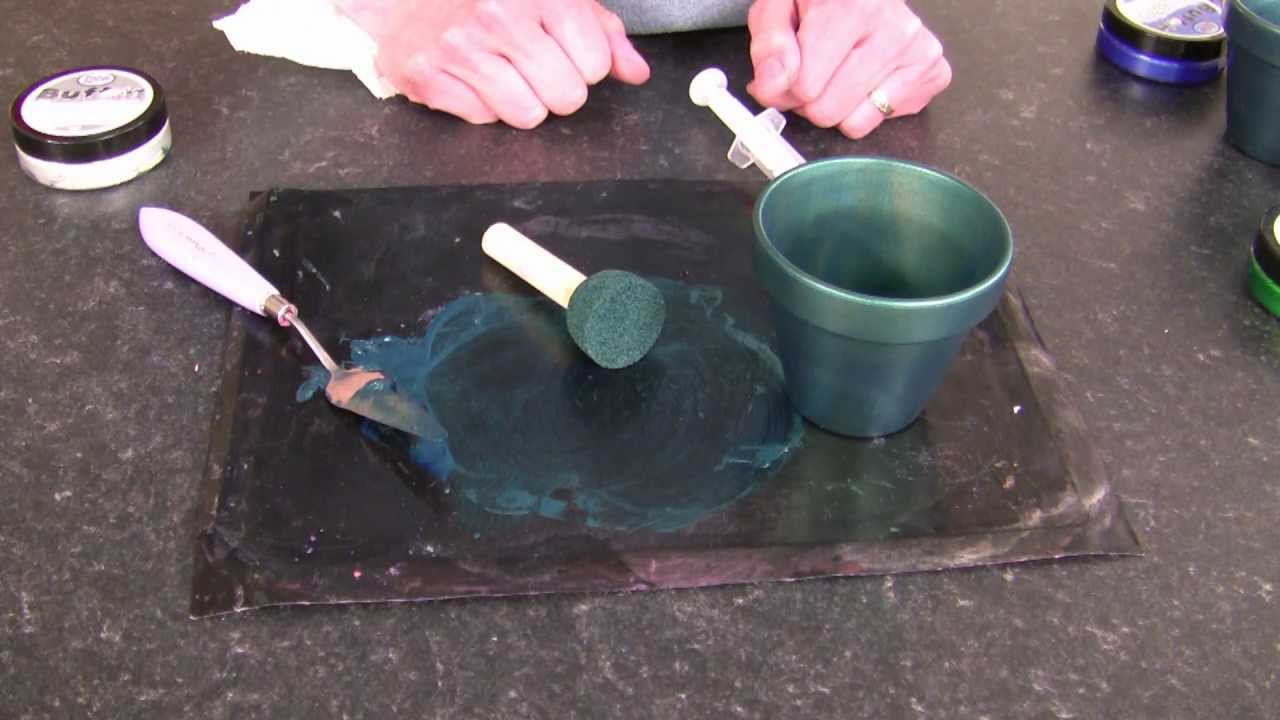 Decorating a clay pot with Pinflair's Buff-it gloss paste - YouTube