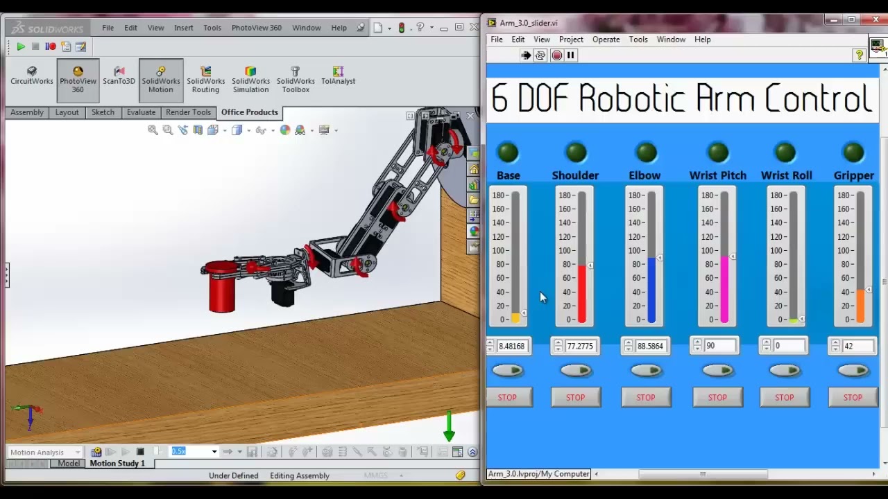 Using LabView to Control a Solidworks 6 DOF Robotic Arm - YouTube