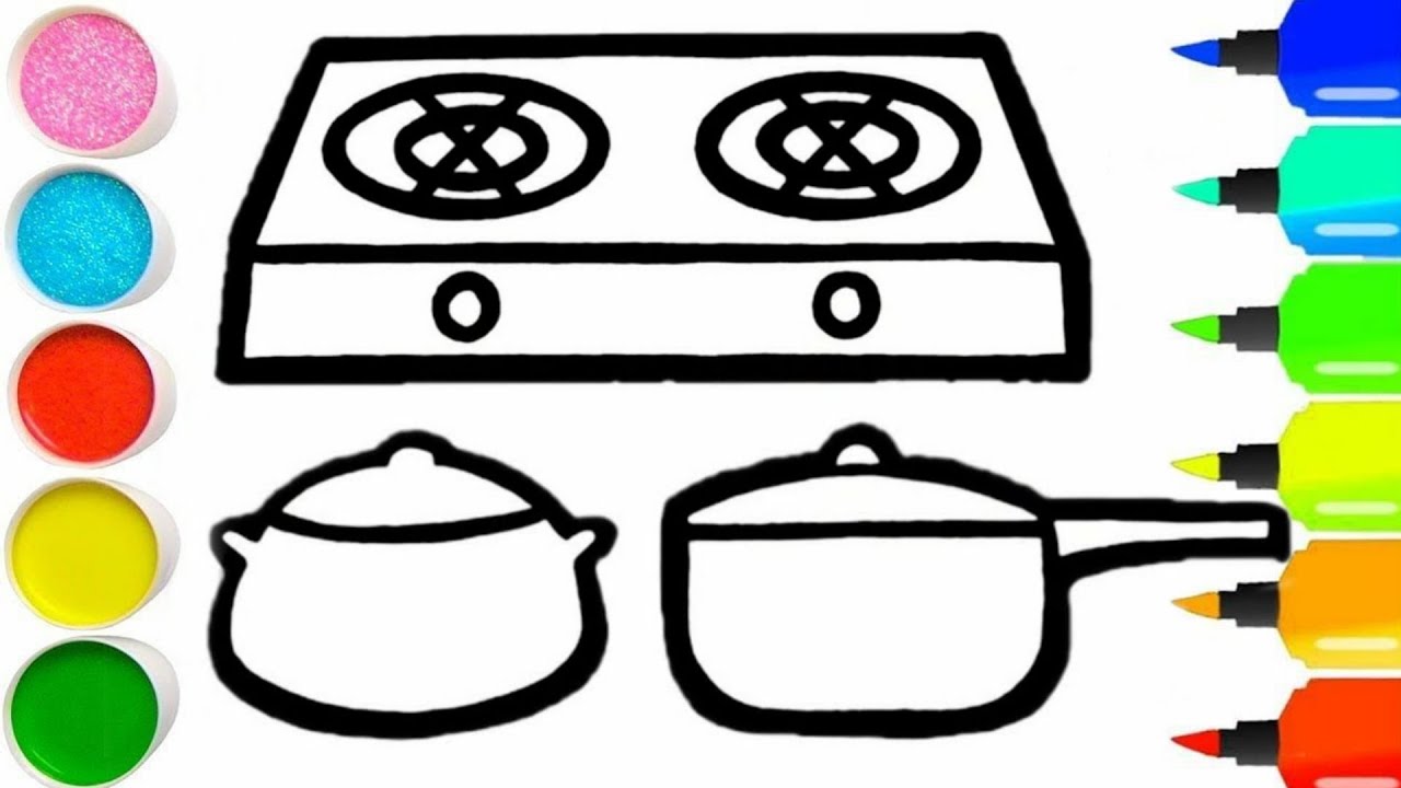 Drawing and coloring of kitchen equipment (stove and frying pan ...