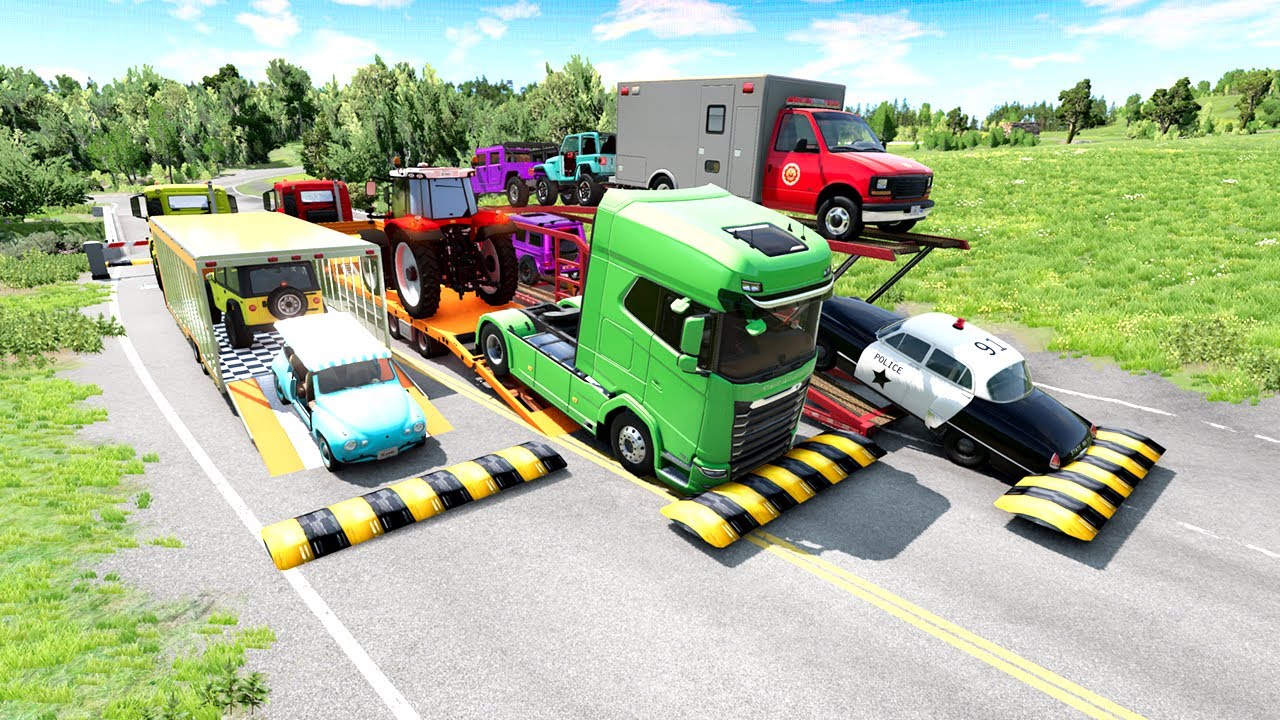 Flatbed Trailer Cars Transportation with Truck - Speedbumps vs Police ...