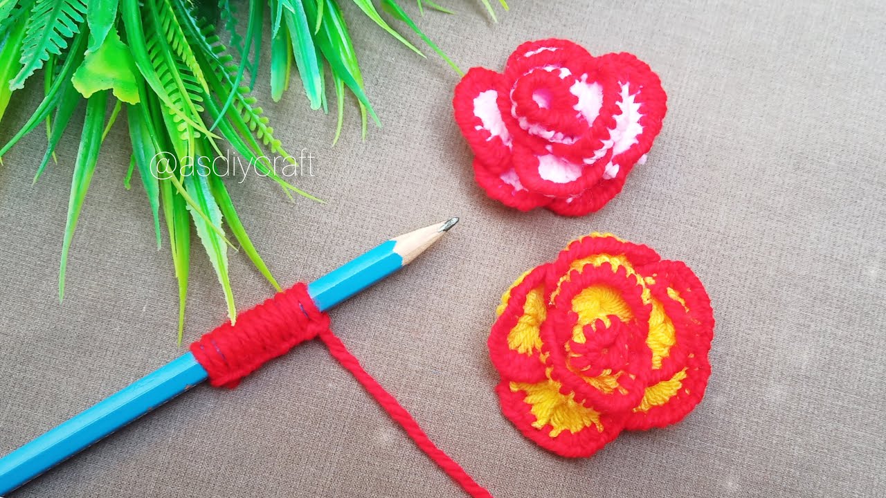 Rose Flower with Wool - How to Make Woolen Rose Using Pencil - Handmade ...