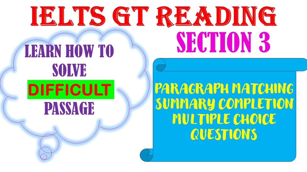 IELTS GT READING SECTION 3|| PARAGRAPH MATCHING || MCQ || SUMMARY ...