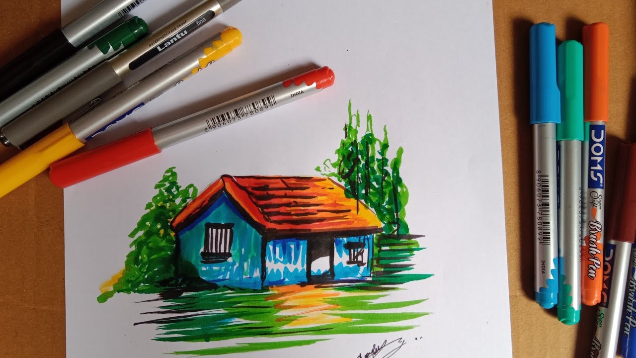how to draw house 🏠 easy house drawing with brush pen 🖊️ - YouTube
