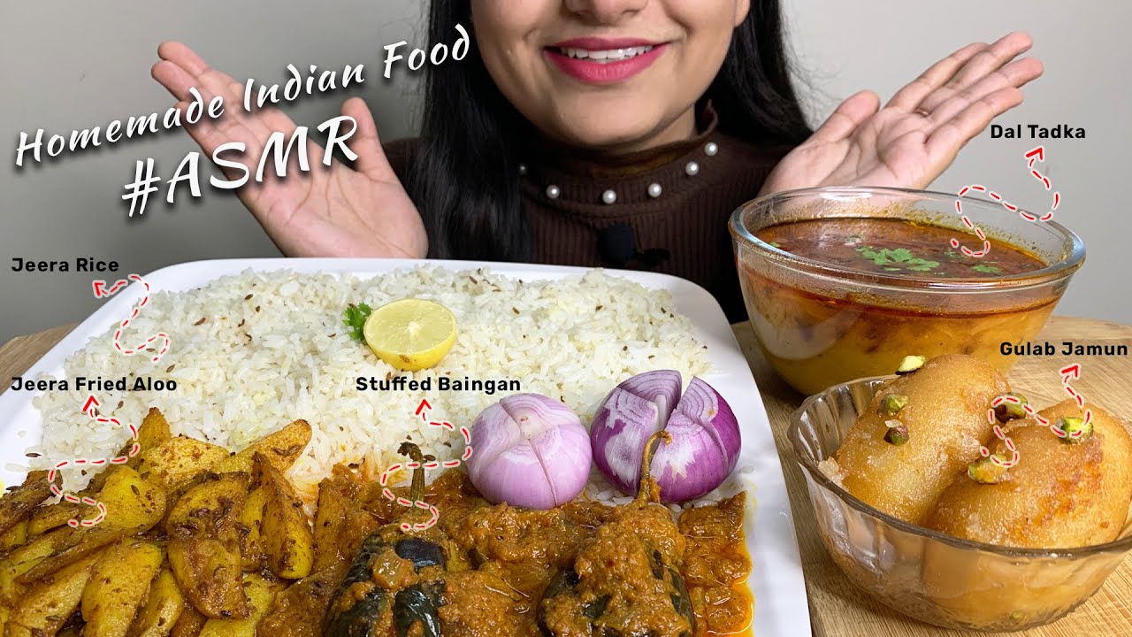 ASMR: EATING HOMEMADE INDIAN FOOD + RICE + YELLOW DAL TADKA+JEERA ALOO ...