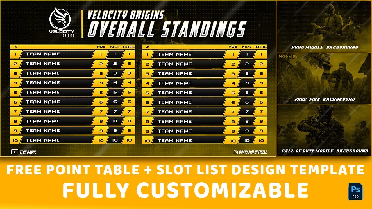 PUBG MOBILE +CODM+FREE FIRE POINTS TABLE + SLOT LIST DESIGN PSD ...