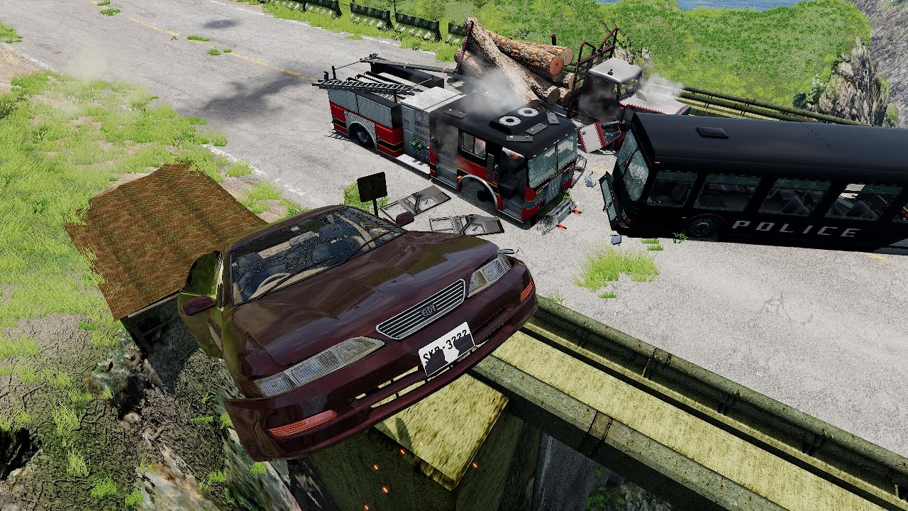 Insane Bridge Jump Chaos! Fiery Roadblock Leads to Epic Crashes – BeamNG.drive - YouTube