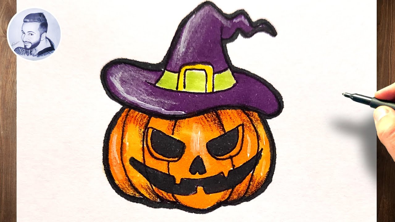 Comment dessiner une citrouille d'Halloween avec un chapeau de sorcière ...