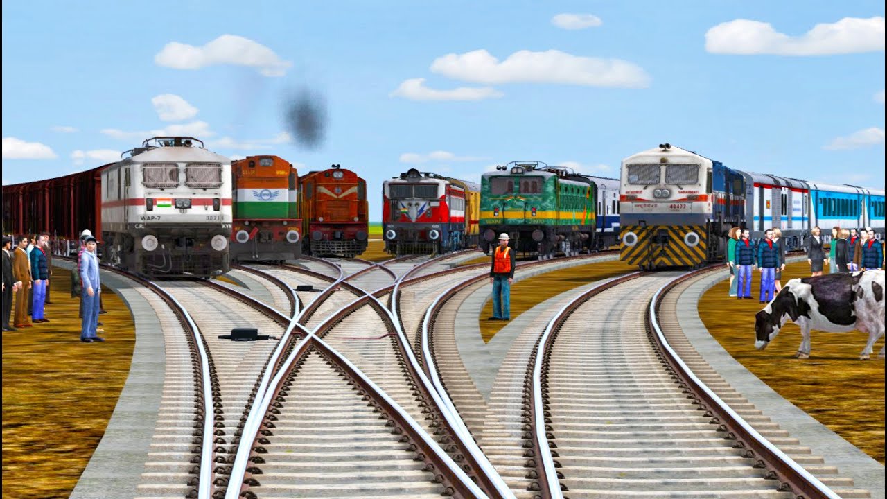 6 TRAINS CROSS EACH OTHER AT DANGEROUS BUMPY FORKED RAILROAD TRACKS ...