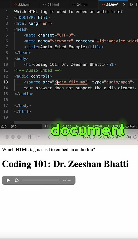 HTML Coding Q&A 25: HTML tag to embed an audio file #html #css #webdesign #coding #shorts - YouTube