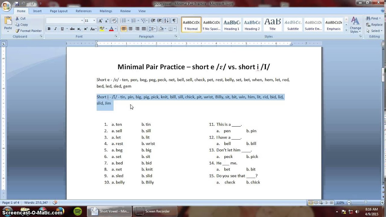 Minimal Pair Practice 1 - Vowels - Short a, Short e, Short i - YouTube
