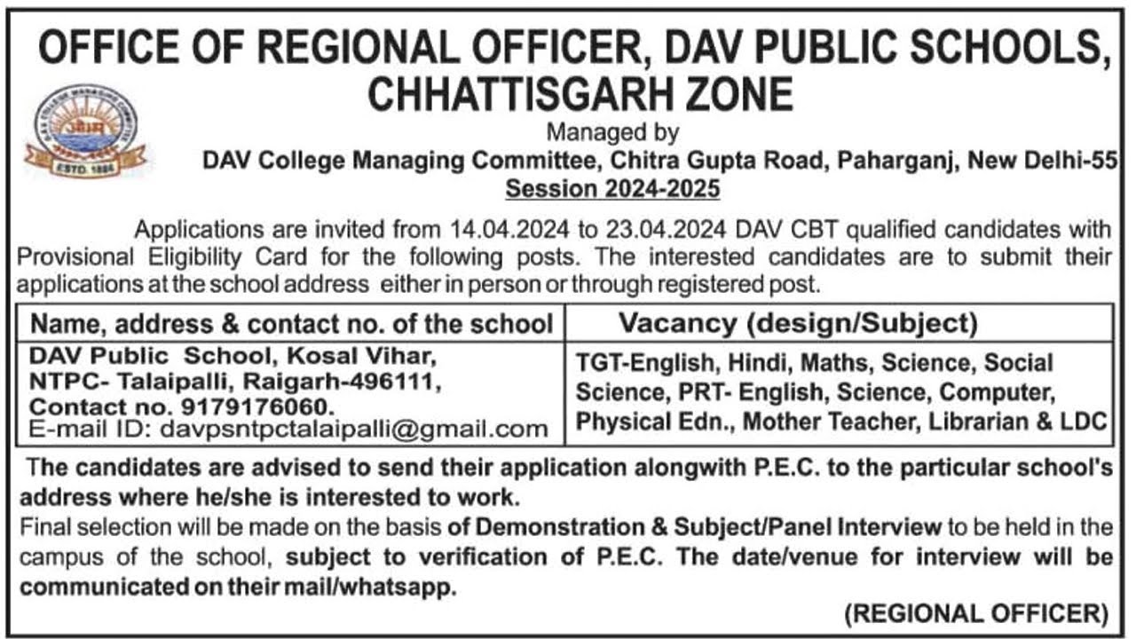 DAV NTPC Talaipali Raigarh Teacher Recruitment 2024 Application Form ...