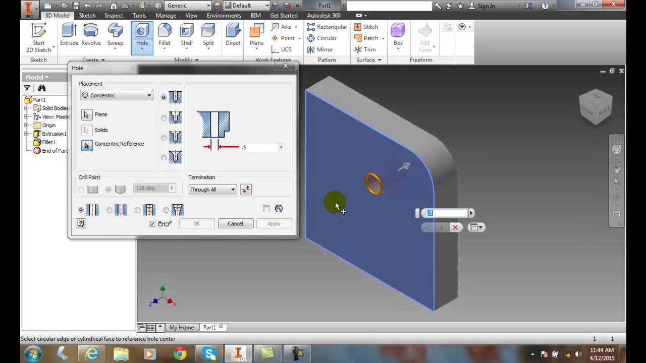 Inventor 06-04 Creating Holes Placement Area Concentric - YouTube