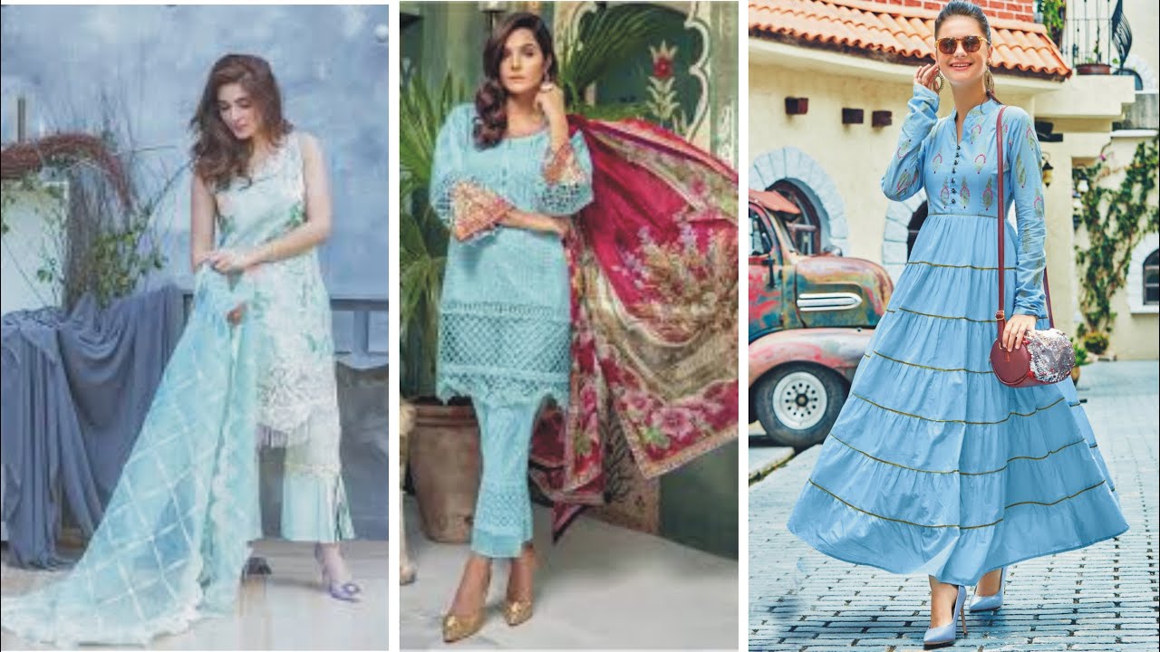 New Girls Sky Blue Color Combination Dress Design | Frozi Color Kurti ...