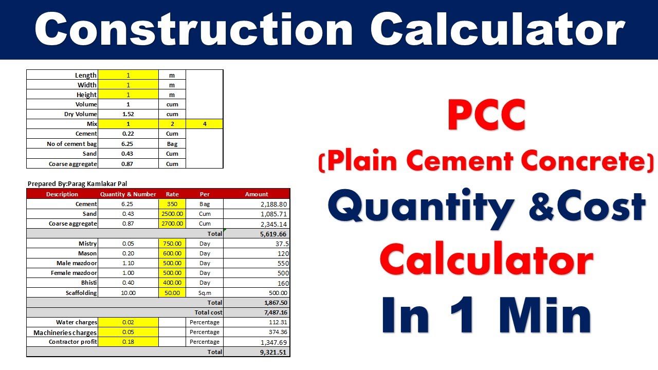 Plain cement concrete quantity for building construction work - YouTube