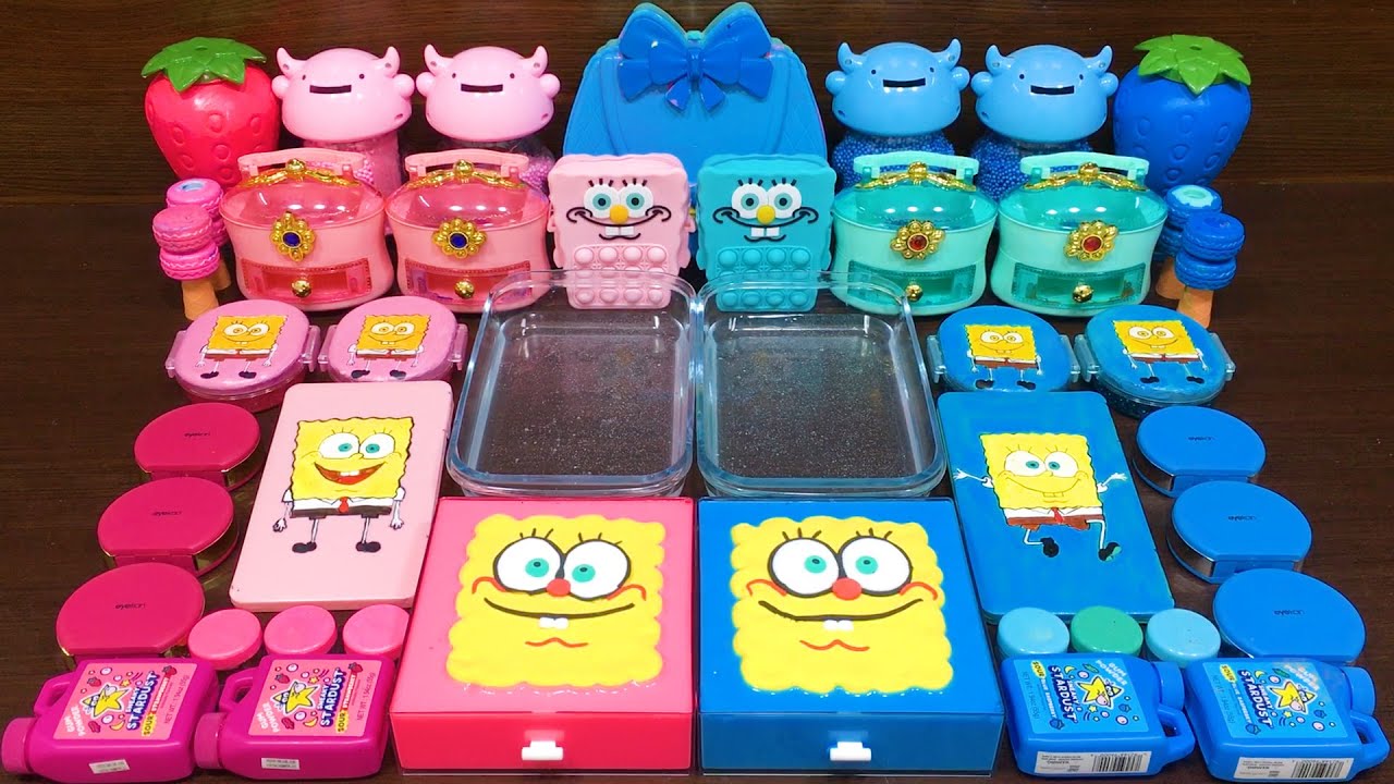 PINK vs BLUE SPONGEBOB!!! Mixing random into CLEAR Slime !!!Satisfying ...