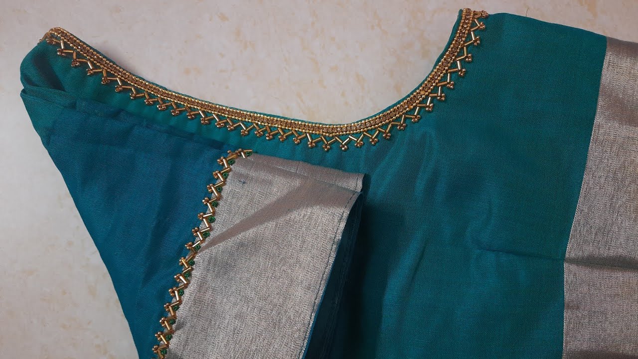 Simple aari work blouse design on stitched blouse using normal needle ...