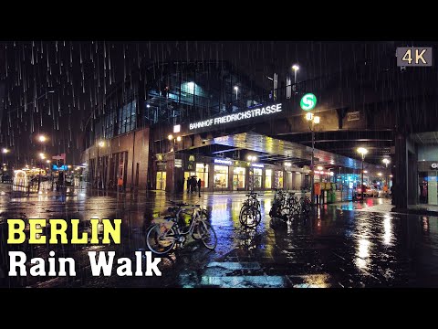 Heavy Rain Night Walk | 4K Berlin, Germany 🇩🇪