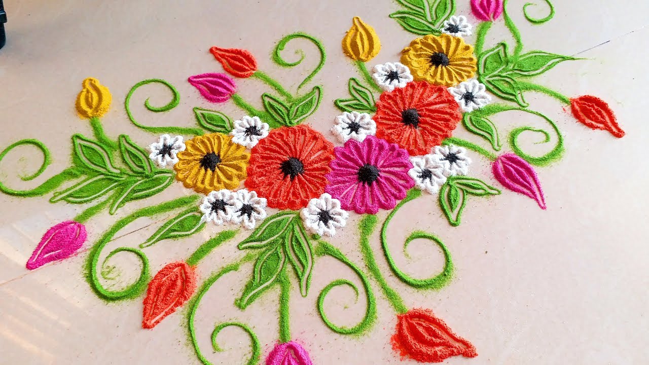 How to draw Easy, Simple, Beautiful FLOWER Rangoli Designs with colours ...