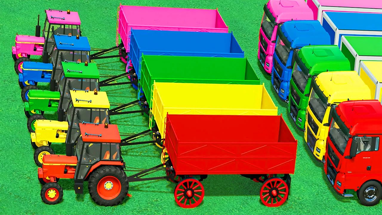 MINI CONVOY OF COLORS! JOHN DEERE TRACTORS GARAGE TRANSPORT & SUGARBEET ...