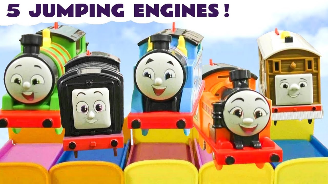 5 Little Toy Train Engines Jumping on the Bed Story - YouTube