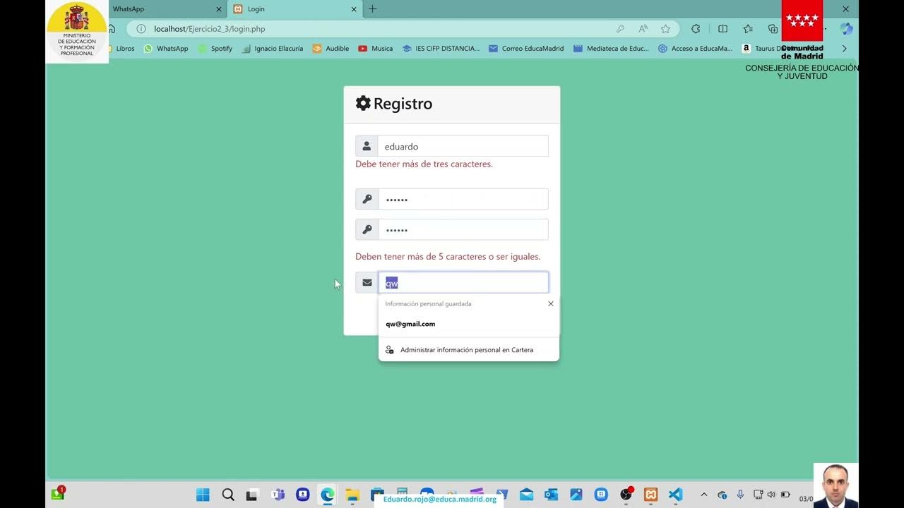 PHP y JavaScript validar Nombre Parte II. Profesor Ingeniero Informático Eduardo Rojo Sánchez ...
