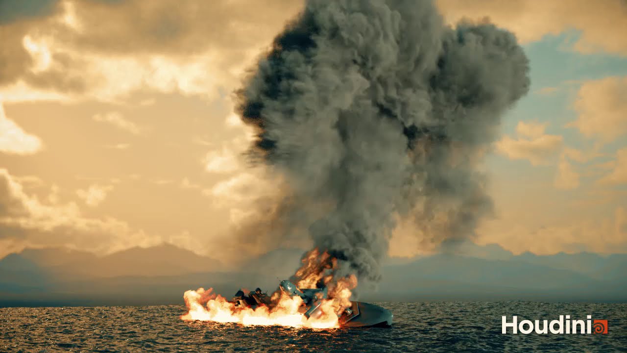 Burning Battleship in Ocean at Houdini - YouTube