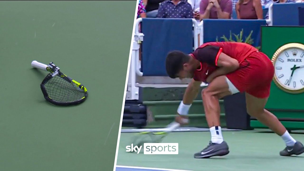 Carlos Alcaraz DESTROYS his racket against Monfils 🤯 - YouTube